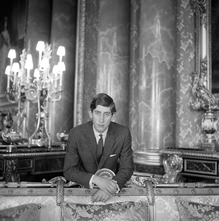 Prince Charles leaning over a sofa in Buckingham Palace | V&A Shop